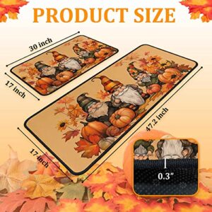 Fall Gnome Pumpkin Decorative Kitchen Rugs and Mats Set of 2, Fall Thanksgiving Gnome Sunflower Maple Leaves Seasonal Decorative Kitchen Mat 17"x47"+17"x30"