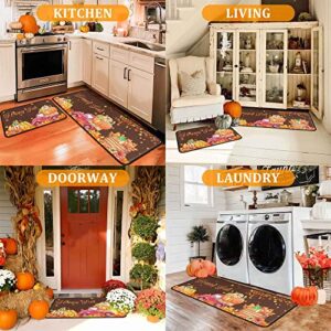 Fall Gnome Pumpkin Decorative Kitchen Rugs and Mats Set of 2, Fall Thanksgiving Gnome Sunflower Maple Leaves Seasonal Decorative Kitchen Mat 17"x47"+17"x30"