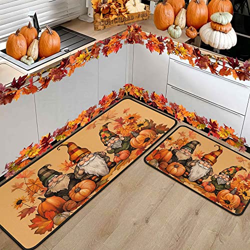 Fall Gnome Pumpkin Decorative Kitchen Rugs and Mats Set of 2, Fall Thanksgiving Gnome Sunflower Maple Leaves Seasonal Decorative Kitchen Mat 17"x47"+17"x30"