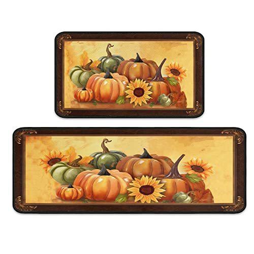 Fall Kitchen Rugs, Fall Decor Pumpkin Floor Mats Set of 2- Non-Slip, Fall Decorations for Home Washable Farmhouse Autumn Holiday Party Runner Rug for Home Seasonal Harvest Thanksgiving Decor