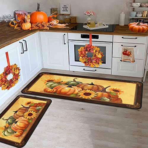 Fall Kitchen Rugs, Fall Decor Pumpkin Floor Mats Set of 2- Non-Slip, Fall Decorations for Home Washable Farmhouse Autumn Holiday Party Runner Rug for Home Seasonal Harvest Thanksgiving Decor