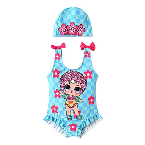 L.O.L.Surprise! Kid Girl Character Doll Sleeveless Ruffle Swimwear Bow Straps Floral One-Piece Swimsuit with Swim Hat Light Blue 9-10Years