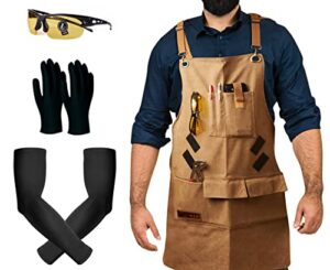 mr brett work apron, grilling aprons for men with pockets, woodworking tools and equipment for diy projects, bbq accessories, chef apron, welding accessories and tools, kitchen apron, barber apron