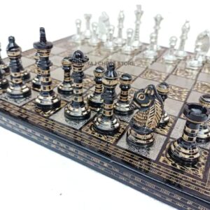 12" Solid Brass Metal Chess Set Pieces & Board with Velvet Storage Box | Brass Metal Luxury Chess Set | Antique Chess Set for Gifts