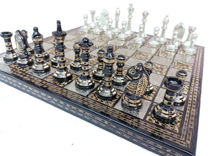 12" Solid Brass Metal Chess Set Pieces & Board with Velvet Storage Box | Brass Metal Luxury Chess Set | Antique Chess Set for Gifts