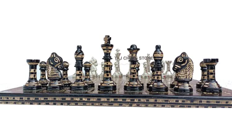 12" Solid Brass Metal Chess Set Pieces & Board with Velvet Storage Box | Brass Metal Luxury Chess Set | Antique Chess Set for Gifts