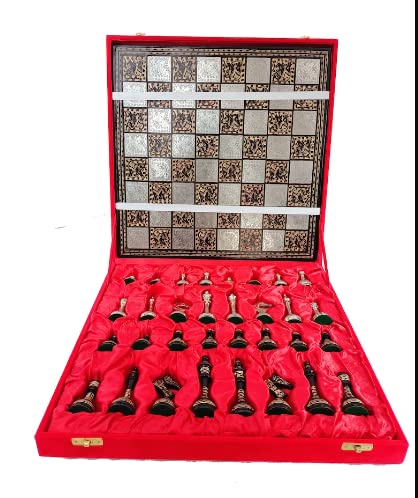 12" Solid Brass Metal Chess Set Pieces & Board with Velvet Storage Box | Brass Metal Luxury Chess Set | Antique Chess Set for Gifts