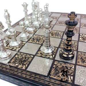 12" Solid Brass Metal Chess Set Pieces & Board with Velvet Storage Box | Brass Metal Luxury Chess Set | Antique Chess Set for Gifts