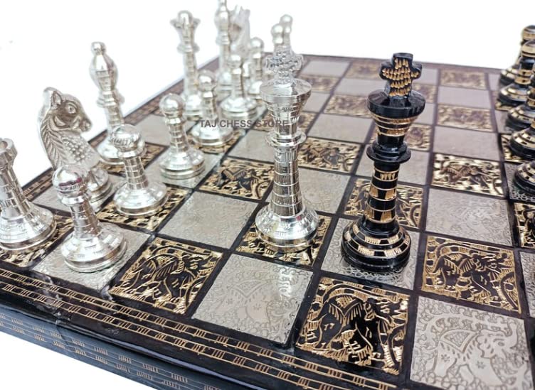 12" Solid Brass Metal Chess Set Pieces & Board with Velvet Storage Box | Brass Metal Luxury Chess Set | Antique Chess Set for Gifts