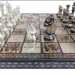 12" Solid Brass Metal Chess Set Pieces & Board with Velvet Storage Box | Brass Metal Luxury Chess Set | Antique Chess Set for Gifts