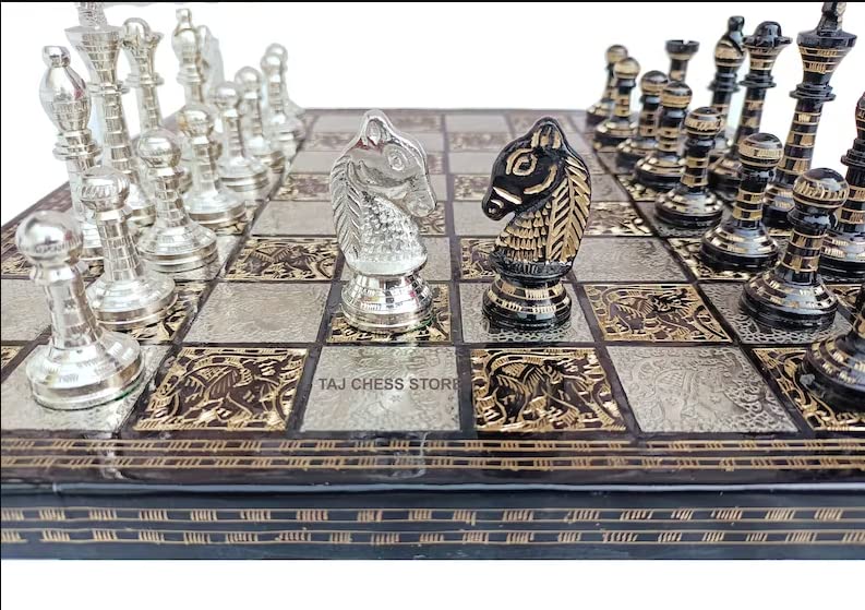 12" Solid Brass Metal Chess Set Pieces & Board with Velvet Storage Box | Brass Metal Luxury Chess Set | Antique Chess Set for Gifts