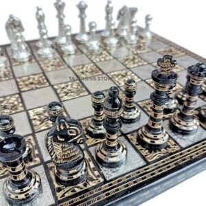 12" Solid Brass Metal Chess Set Pieces & Board with Velvet Storage Box | Brass Metal Luxury Chess Set | Antique Chess Set for Gifts