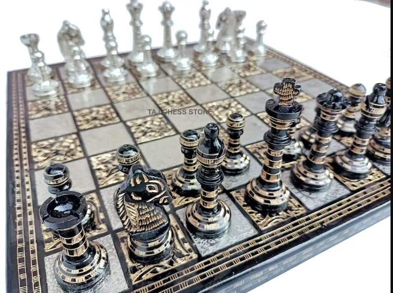 12" Solid Brass Metal Chess Set Pieces & Board with Velvet Storage Box | Brass Metal Luxury Chess Set | Antique Chess Set for Gifts