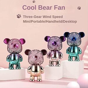 UJAY Portable Fan,Mini Cute Bear Desk Fan Small Quiet,3-Speed Adjustable Usb Powered Fan,Electroplating Cute Shape Sesign,Ultra-quiet,Strong Wind,Suitable for Office,Bedroom,Shopping