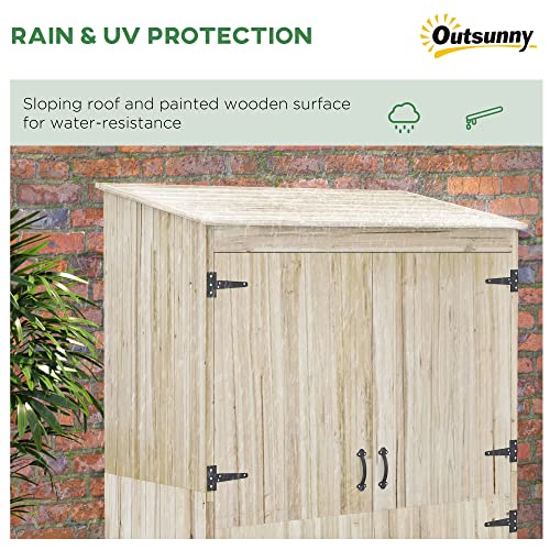 Outsunny Outdoor Storage Cabinet with 3 Shelves, Wooden Garden Shed with Magnetic Double Doors, Tall Vertical Tool Storage for Lawn Care Equipment, 47.25" x 22.5" x 72", Natural