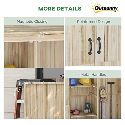 Outsunny Outdoor Storage Cabinet with 3 Shelves, Wooden Garden Shed with Magnetic Double Doors, Tall Vertical Tool Storage for Lawn Care Equipment, 47.25" x 22.5" x 72", Natural