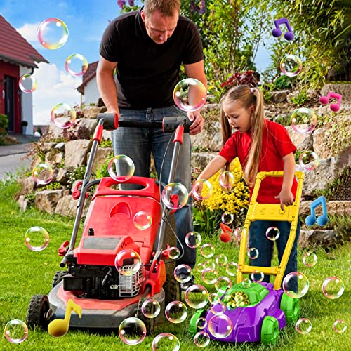 Purple and Green Bubble Lawn Mower for Toddlers, Bubble Makers for Kids, Summer Outdoor Backyard Gardening Toys, Birthday Gifts for Preschool Boys Girls