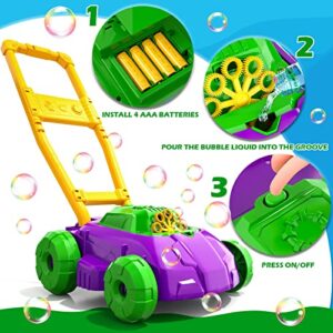 Purple and Green Bubble Lawn Mower for Toddlers, Bubble Makers for Kids, Summer Outdoor Backyard Gardening Toys, Birthday Gifts for Preschool Boys Girls