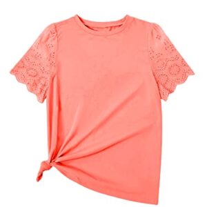 SweatyRocks Women's Eyelet Embroidery Short Puff Sleeve Top Round Neck Plain Tee Shirt Watermelon Pink S