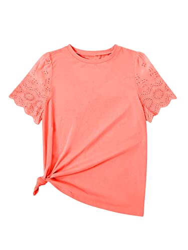 SweatyRocks Women's Eyelet Embroidery Short Puff Sleeve Top Round Neck Plain Tee Shirt Watermelon Pink S