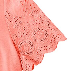 SweatyRocks Women's Eyelet Embroidery Short Puff Sleeve Top Round Neck Plain Tee Shirt Watermelon Pink S