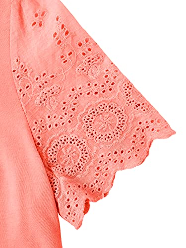 SweatyRocks Women's Eyelet Embroidery Short Puff Sleeve Top Round Neck Plain Tee Shirt Watermelon Pink S