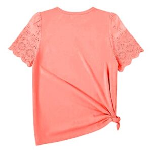 SweatyRocks Women's Eyelet Embroidery Short Puff Sleeve Top Round Neck Plain Tee Shirt Watermelon Pink S