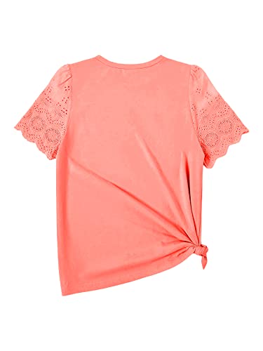 SweatyRocks Women's Eyelet Embroidery Short Puff Sleeve Top Round Neck Plain Tee Shirt Watermelon Pink S