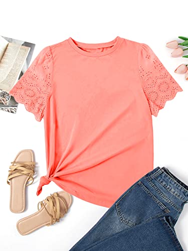 SweatyRocks Women's Eyelet Embroidery Short Puff Sleeve Top Round Neck Plain Tee Shirt Watermelon Pink S