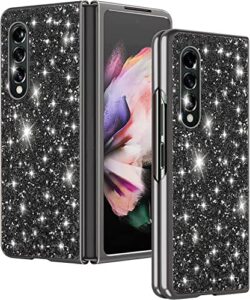 z fold 3 glitter case for samsung galaxy z fold3 5g phone case for women girls, slim ultra thin matte back shockproof protective cover for samsung z fold 3 5g, 7.6" crystal bling case (black)