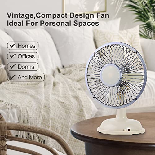 Retro Desk Fan with Oscillating Function, USB-Powered Table Fan, Portable and Quiet - 6 Inch, 2 Speeds, Small Fan Vintage Style, Perfect for Office, Camping, and Home,Bedroom, Desktop (Vintage White)