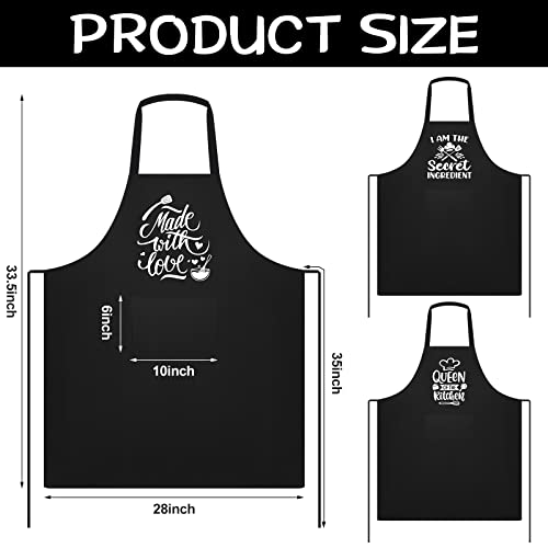 Jeyiour Set of 3 Women Kitchen Aprons with Funny Quotes Black Pocket Apron with Adjustable Waist Tie Cute Aprons for Cooking Baking