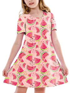 summer watermelon dress girl short sleeve tshirt dresses tropical pink midi flare dress 11-12 years