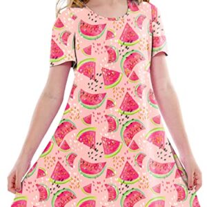 Summer Watermelon Dress Girl Short Sleeve Tshirt Dresses Tropical Pink Midi Flare Dress 11-12 Years