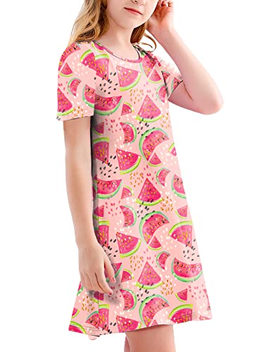 Summer Watermelon Dress Girl Short Sleeve Tshirt Dresses Tropical Pink Midi Flare Dress 11-12 Years