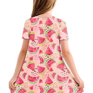 Summer Watermelon Dress Girl Short Sleeve Tshirt Dresses Tropical Pink Midi Flare Dress 11-12 Years