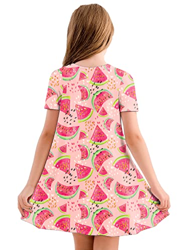 Summer Watermelon Dress Girl Short Sleeve Tshirt Dresses Tropical Pink Midi Flare Dress 11-12 Years