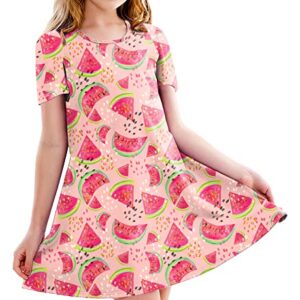 Summer Watermelon Dress Girl Short Sleeve Tshirt Dresses Tropical Pink Midi Flare Dress 11-12 Years