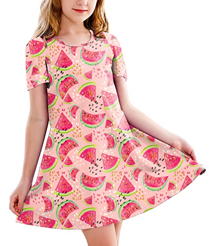 Summer Watermelon Dress Girl Short Sleeve Tshirt Dresses Tropical Pink Midi Flare Dress 11-12 Years