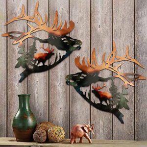 Bochino Set of 2 Elk Wall Art Decor Deer Metal Wall Decor Rustic Cabin Hunting Decor Metal Wall Art Sculpture Décor for Home Bedroom