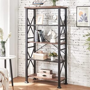 hombazaar bookshelf, 5-tier industrial bookshelves, wood and metal bookcase,free standing storage small modern bookshelf for living room, bedroom and home office，brown