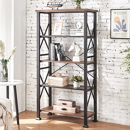 HOMBAZAAR Bookshelf, 5-Tier Industrial Bookshelves, Wood and Metal Bookcase,Free Standing Storage Small Modern Bookshelf for Living Room, Bedroom and Home Office，Brown