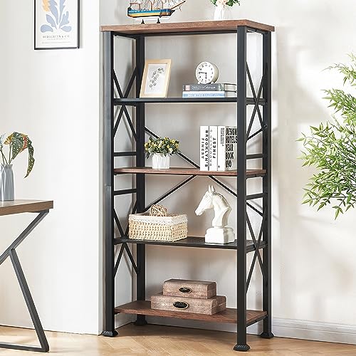 HOMBAZAAR Bookshelf, 5-Tier Industrial Bookshelves, Wood and Metal Bookcase,Free Standing Storage Small Modern Bookshelf for Living Room, Bedroom and Home Office，Brown