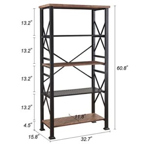 HOMBAZAAR Bookshelf, 5-Tier Industrial Bookshelves, Wood and Metal Bookcase,Free Standing Storage Small Modern Bookshelf for Living Room, Bedroom and Home Office，Brown