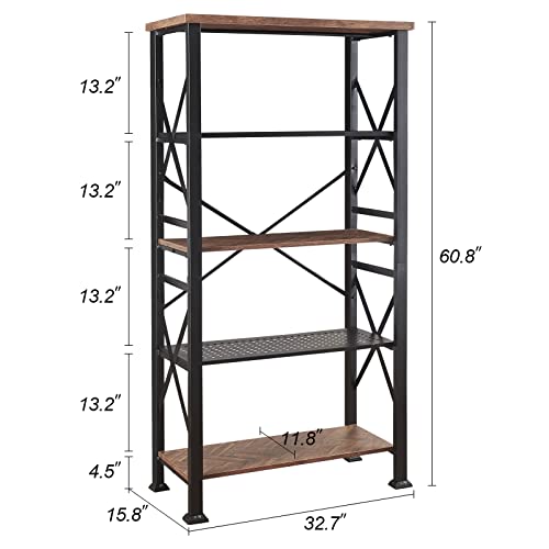 HOMBAZAAR Bookshelf, 5-Tier Industrial Bookshelves, Wood and Metal Bookcase,Free Standing Storage Small Modern Bookshelf for Living Room, Bedroom and Home Office，Brown