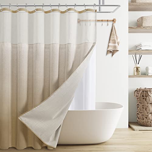 BOODII Tan Linen Shower Curtain with Snap in Liner Heavy Duty 200GSM Textured Beige Farmhouse Rustic Shower Curtain with See Through Top Window Cream Double Shower Curtain Burlap Country Style 72x72