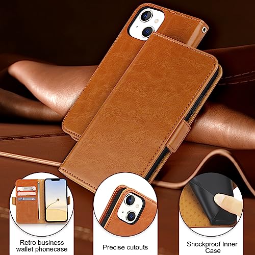 Bizzib for iPhone 13 Case Leather Wallet with Card Holder[ RFID Blocking] 360 Full Shockproof Protection Magnetic Closure Phone Cover with Card Slots and Wrist Strap for Apple iPhone 13 6.1in-Brown