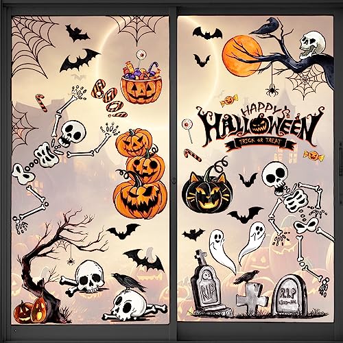 Mfault 65PCS Happy Halloween Window Clings 9 Sheets, Trick or Treat Skeleton Skull Spooky Pumpkins Stickers Decals Decorations, Boo Ghost Bat Holiday Party Supplies Living Room Home Kitchen Decor