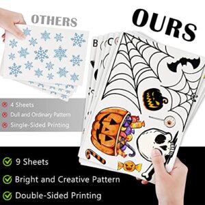 Mfault 65PCS Happy Halloween Window Clings 9 Sheets, Trick or Treat Skeleton Skull Spooky Pumpkins Stickers Decals Decorations, Boo Ghost Bat Holiday Party Supplies Living Room Home Kitchen Decor