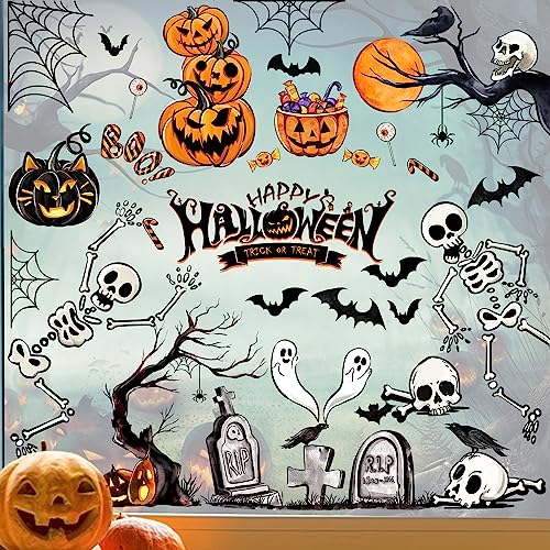 Mfault 65PCS Happy Halloween Window Clings 9 Sheets, Trick or Treat Skeleton Skull Spooky Pumpkins Stickers Decals Decorations, Boo Ghost Bat Holiday Party Supplies Living Room Home Kitchen Decor